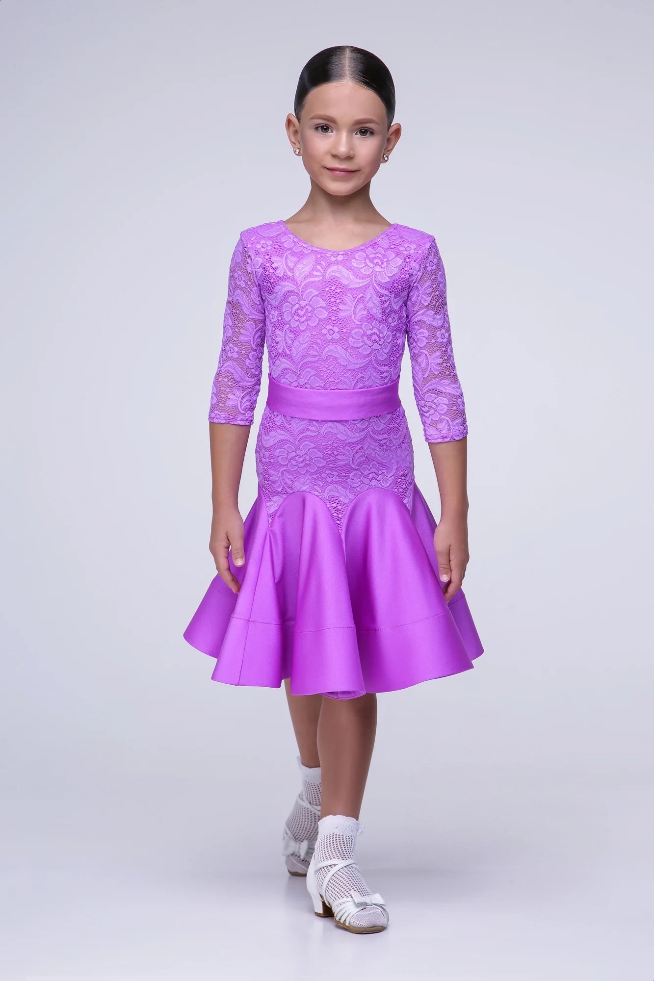 Lilac rating dress for dancing from supplex and elastic guipure based